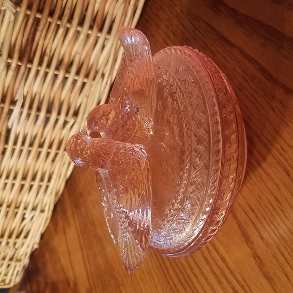 None | Dining | Vintage Pink Glass Candy Dish With Birds On Lid | Poshmark